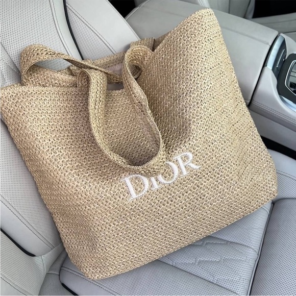 Dior | Bags | Dior Tan Woven Raffia Tote Bag Resort Logo Designer ...